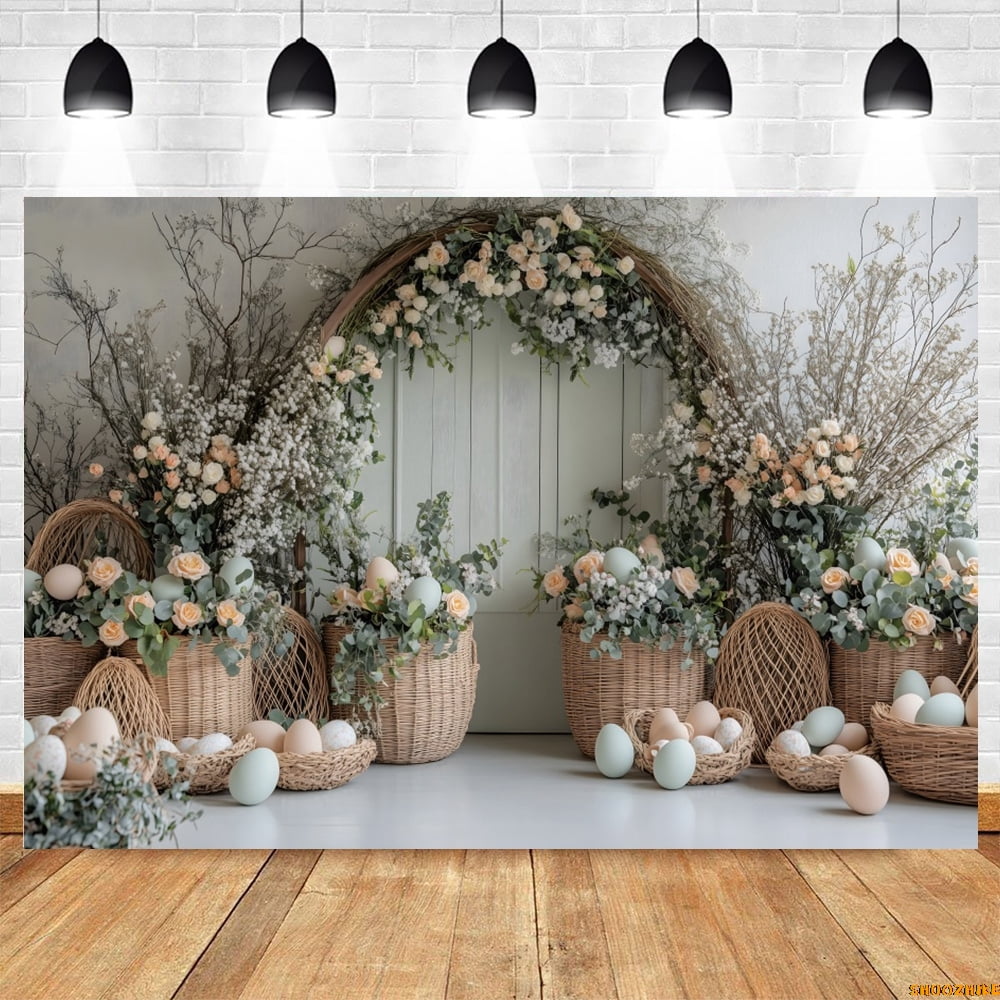 Spring Easter Backdrop Photography Boho Flowers Arch Door Eggs Baby ...