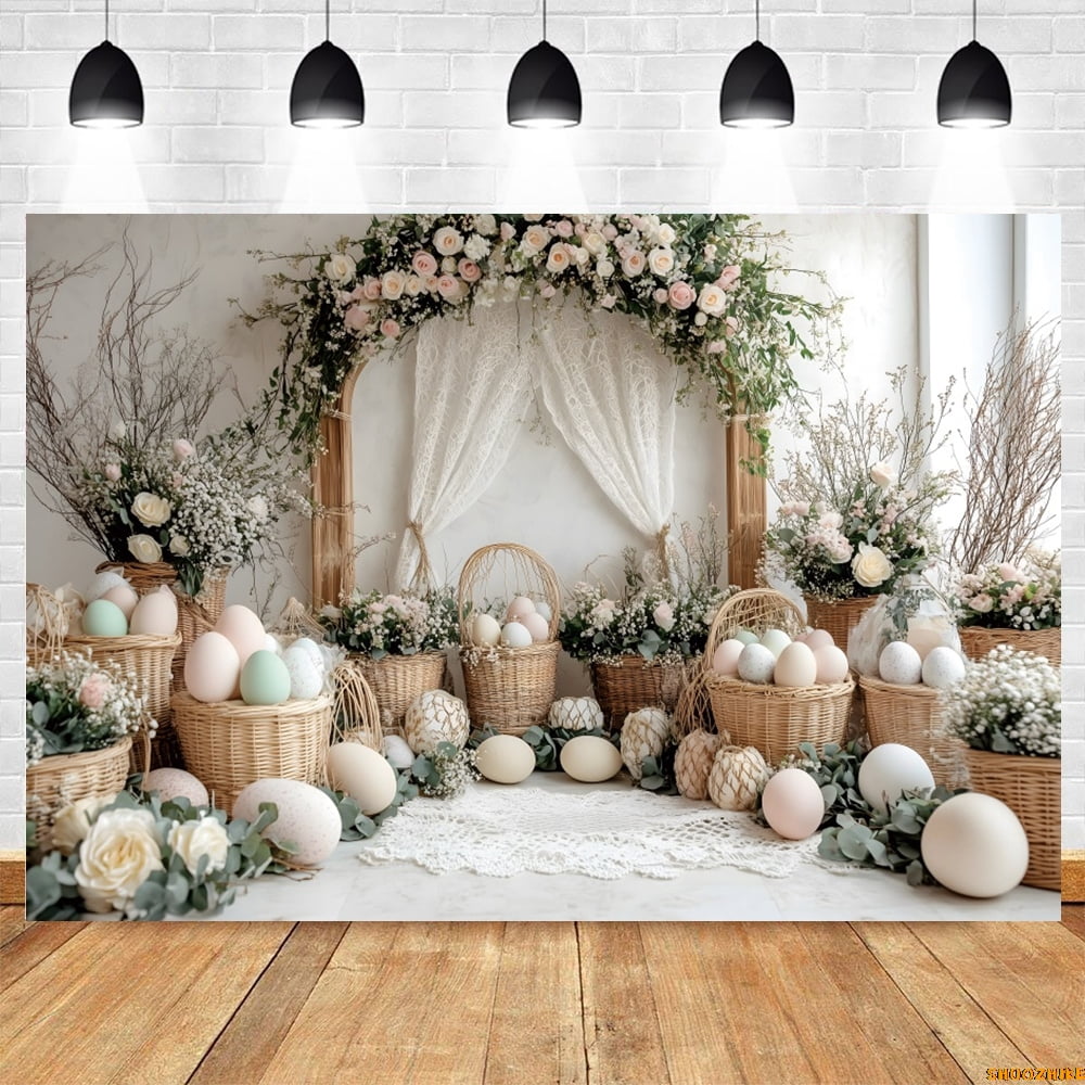 Spring Easter Backdrop Photography Boho Flowers Arch Door Eggs Baby ...