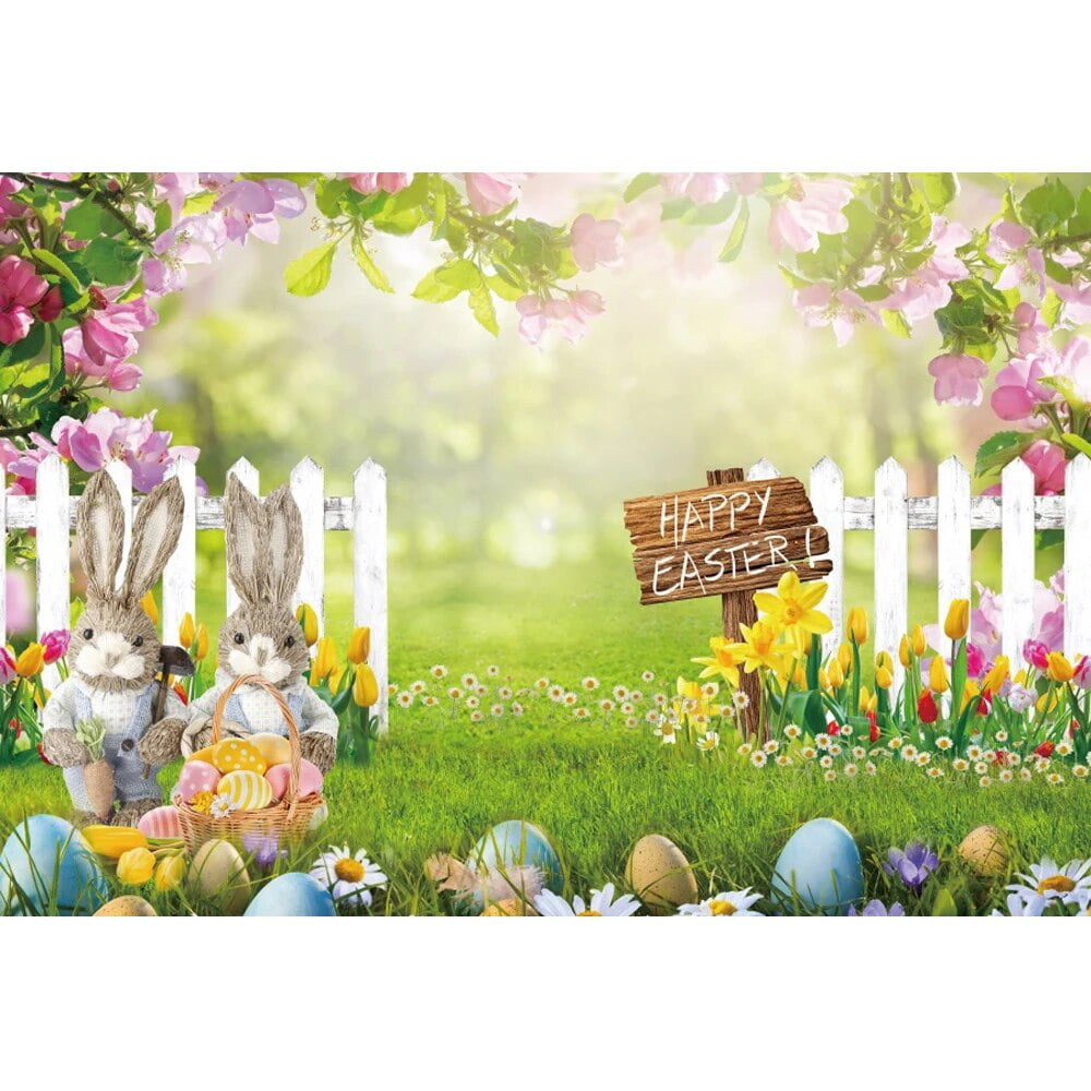 Spring Easter Backdrop Photography Bunny Rabbit Eggs Flower Garden Baby ...