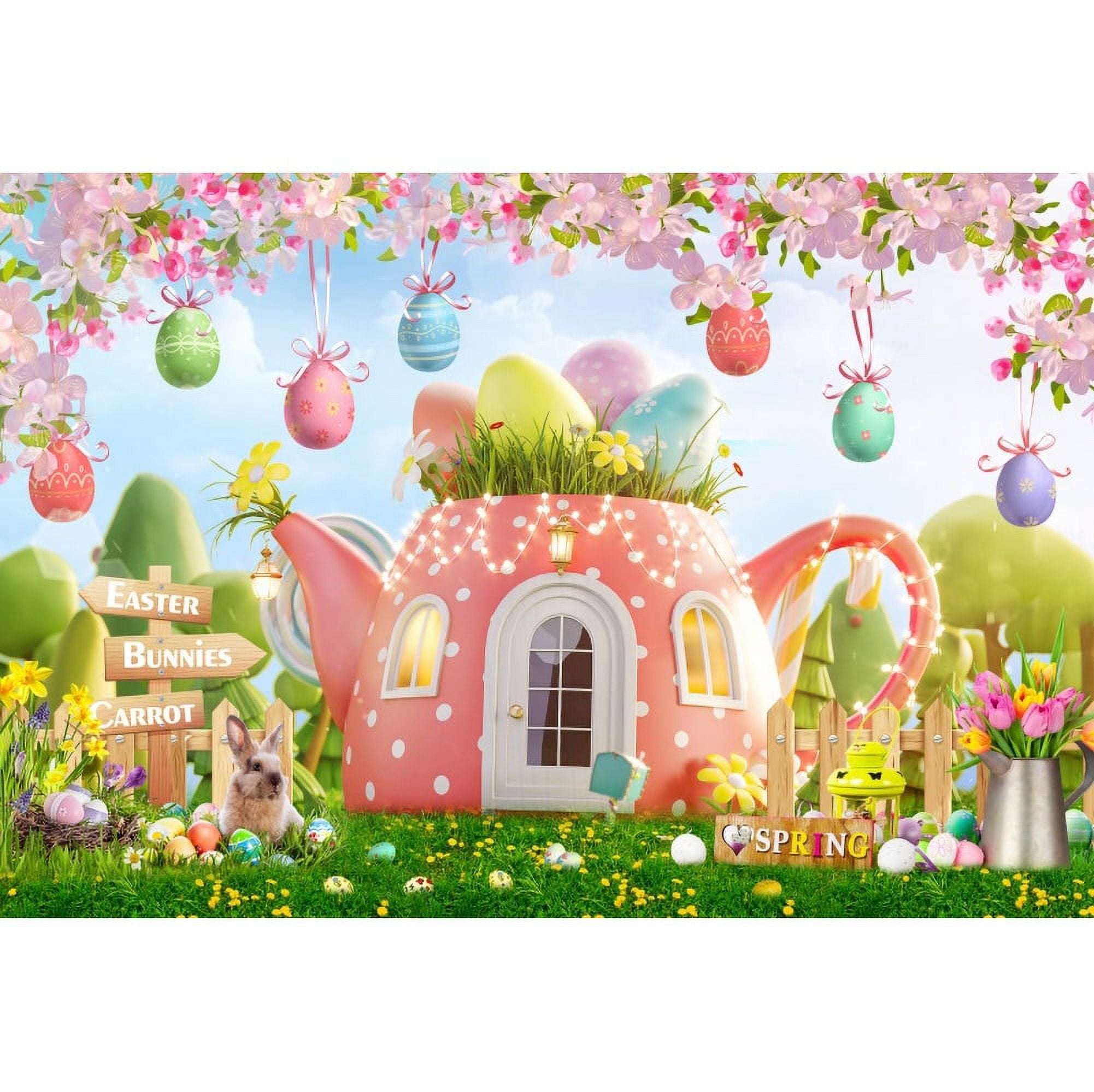 Spring Easter Backdrop Photography Bunny Rabbit Eggs Flower Garden Baby ...