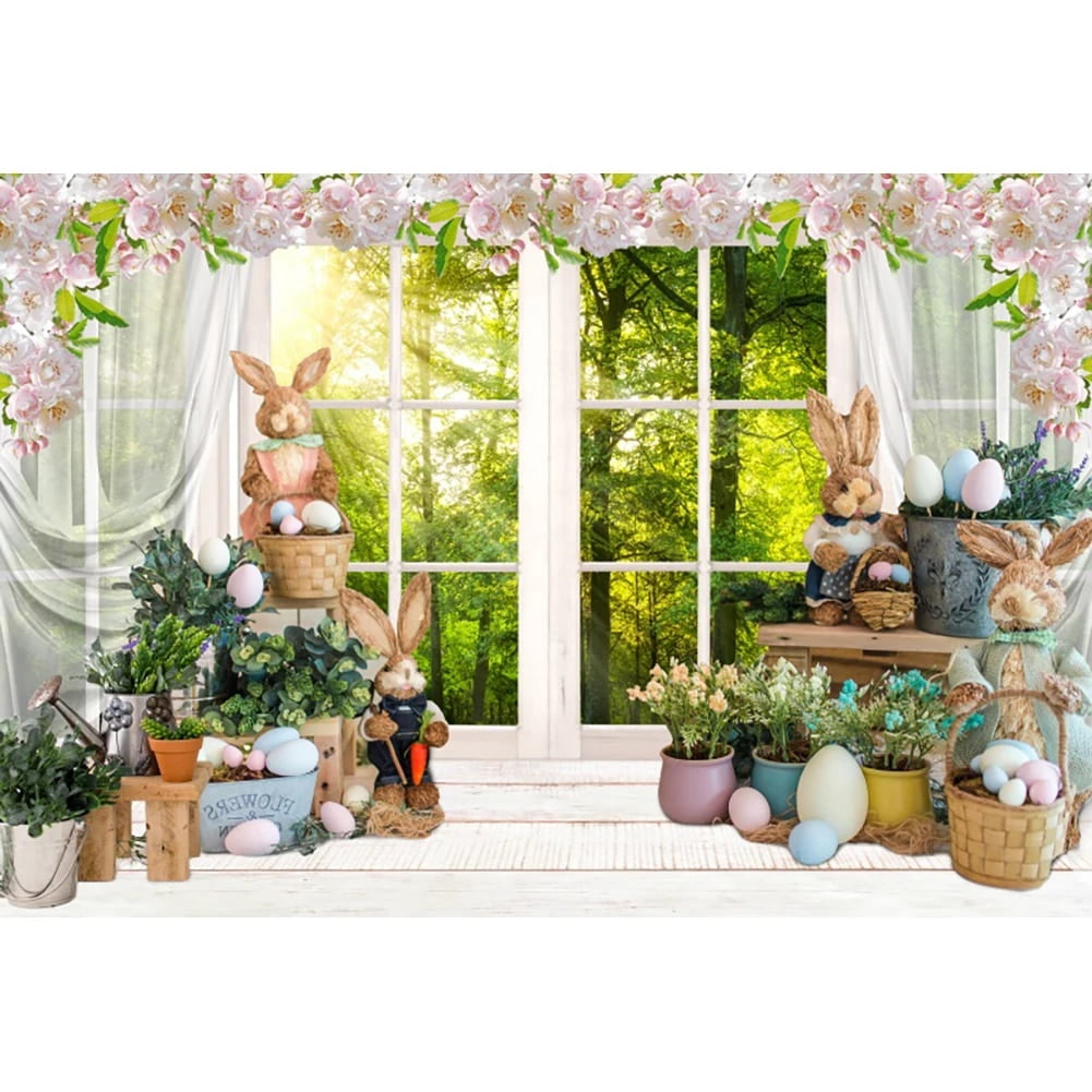 Spring Easter Backdrop Photography Bunny Rabbit Eggs Flower Garden Baby ...
