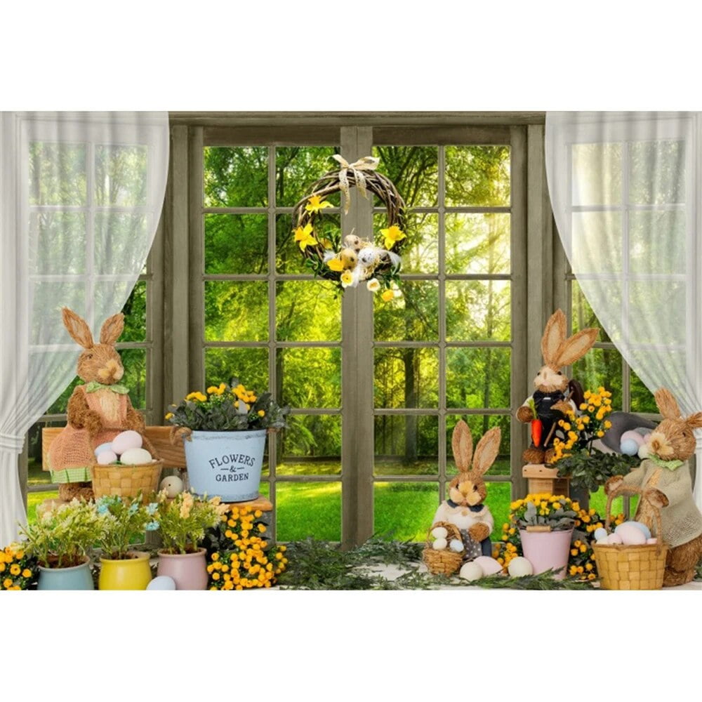 Spring Easter Backdrop Photography Bunny Rabbit Eggs Flower Garden Baby ...