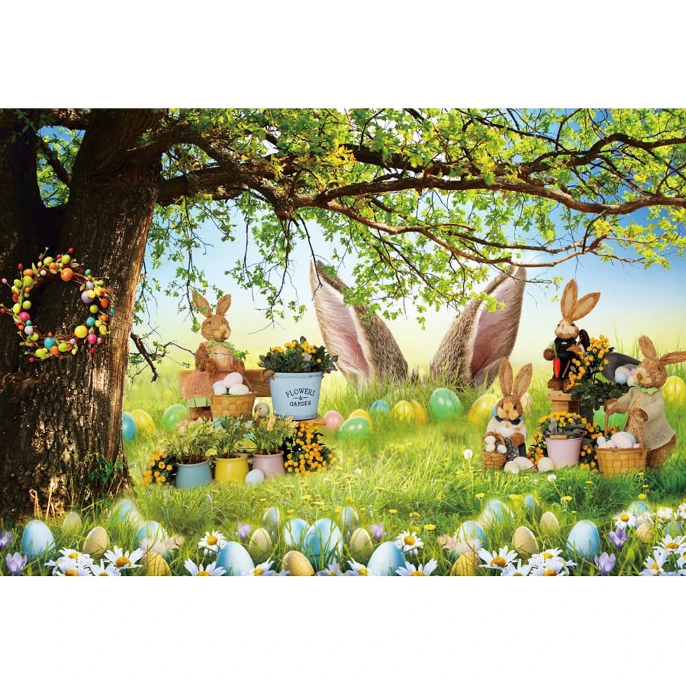 Spring Easter Backdrop Photography Bunny Rabbit Eggs Flower Garden Baby ...