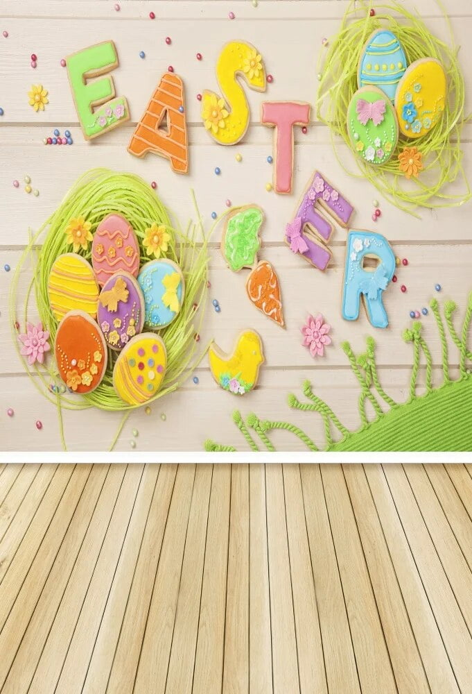 Spring Easter Backdrop Rabbit Colore Eggs Flower Grass Wood Floor ...