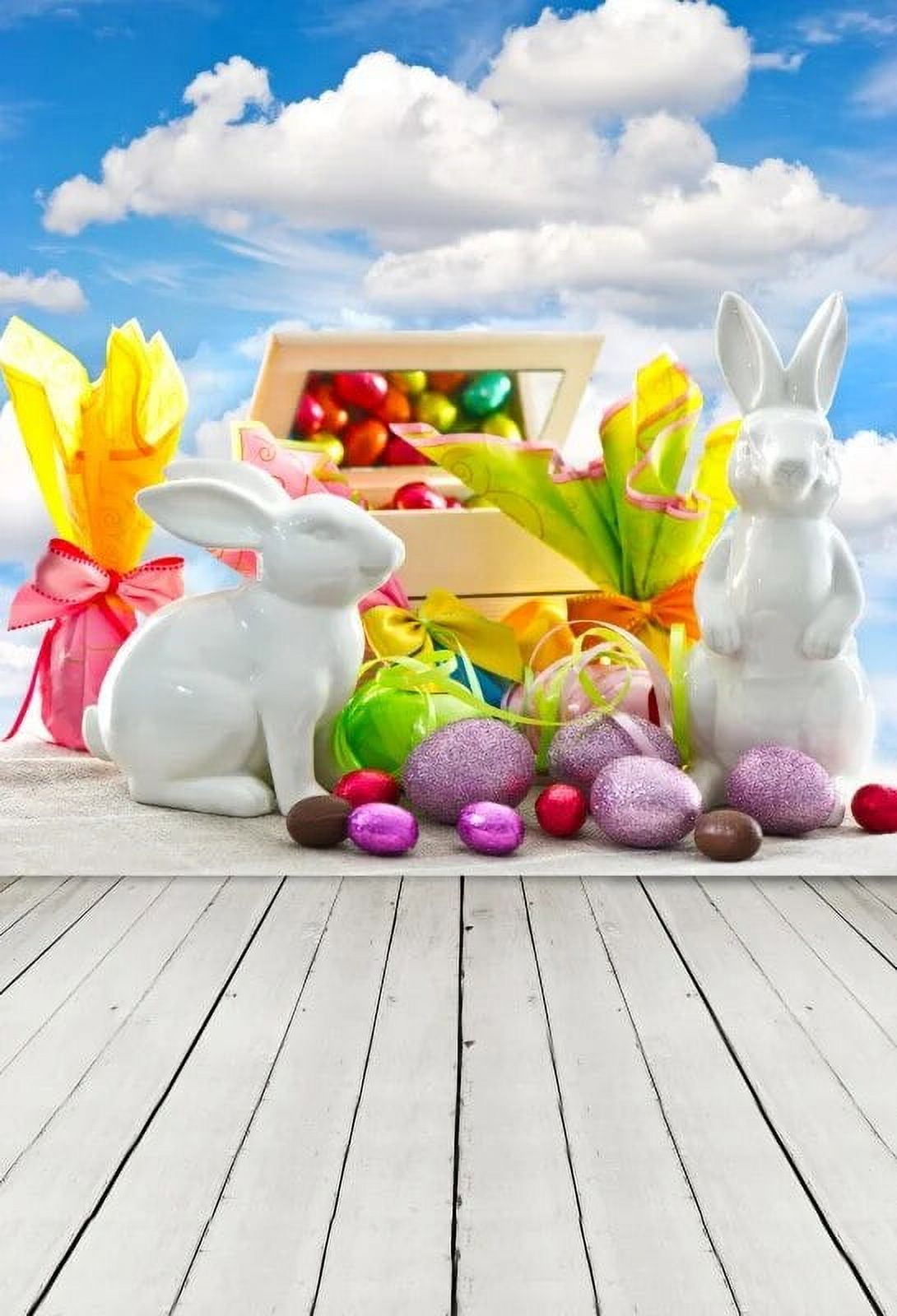 Spring Easter Backdrop Rabbit Colore Eggs Flower Grass Wood Floor ...
