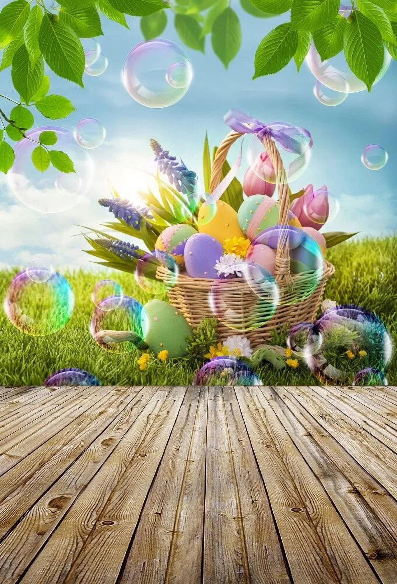 Spring Easter Backdrop Rabbit Colore Eggs Flower Grass Wood Floor ...