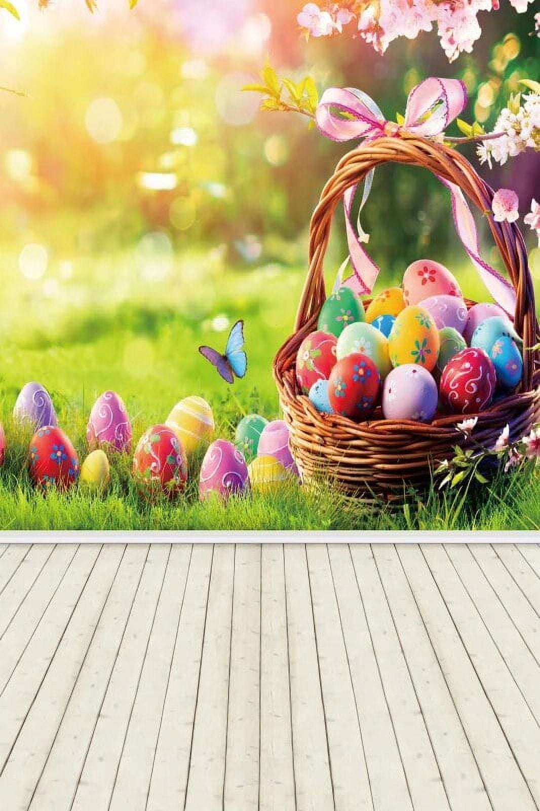Spring Easter Backdrop Rabbit Colore Eggs Flower Grass Wood Floor ...