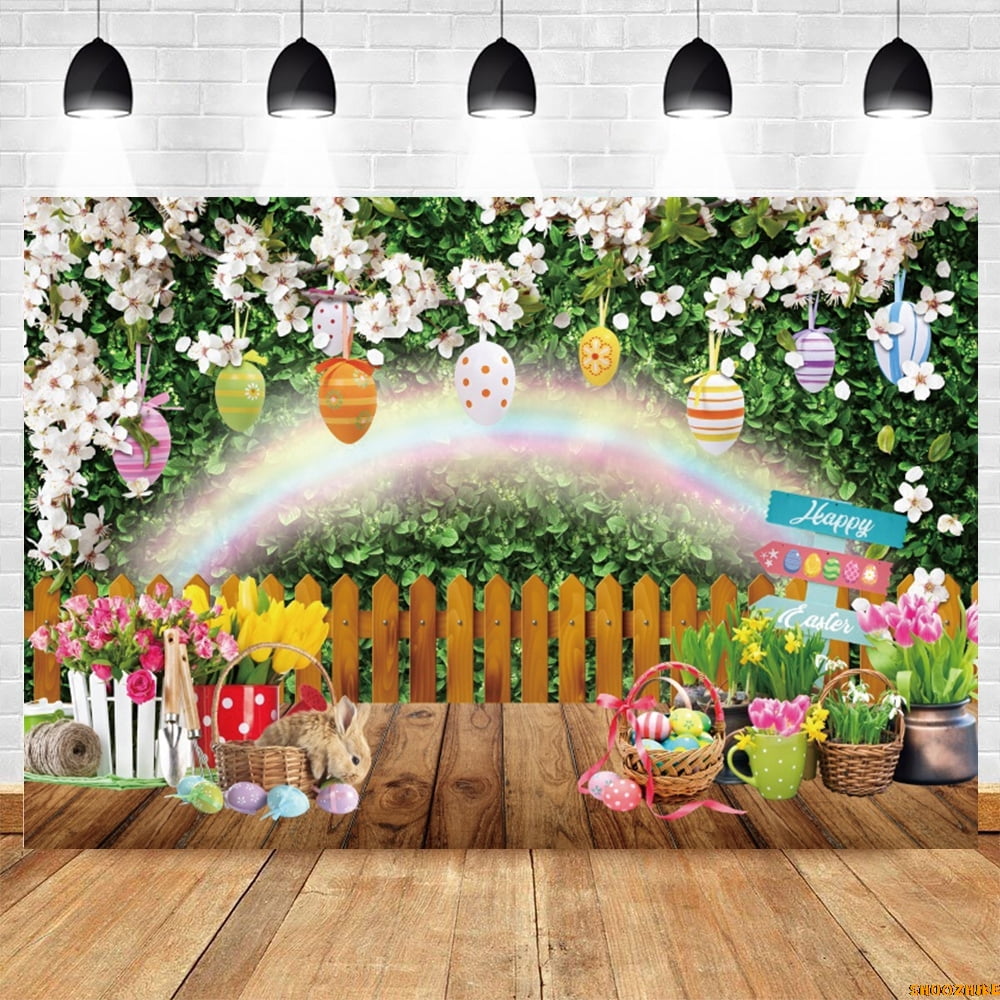 Spring Easter Backdrop Rabbits Eggs Grass Flowers Gard Fce Newborn Baby ...
