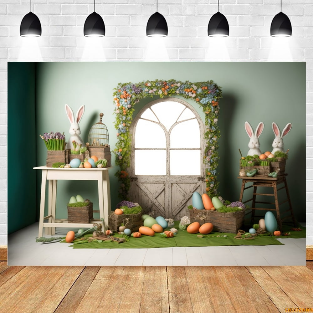 Spring Easter Backdrop Rabbits Eggs Grass Flowers Gard Fce Newborn Baby ...