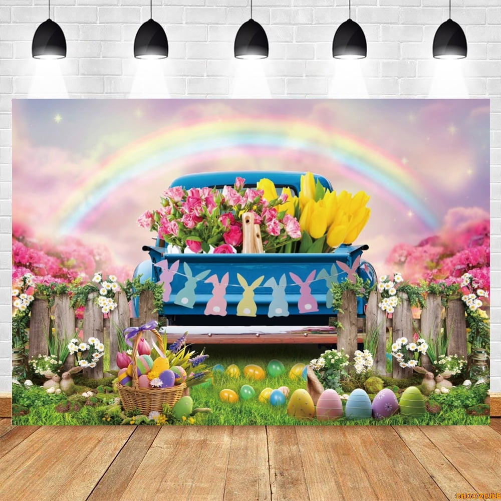 Spring Easter Backdrop Rabbits Eggs Grass Flowers Gard Fce Newborn Baby ...
