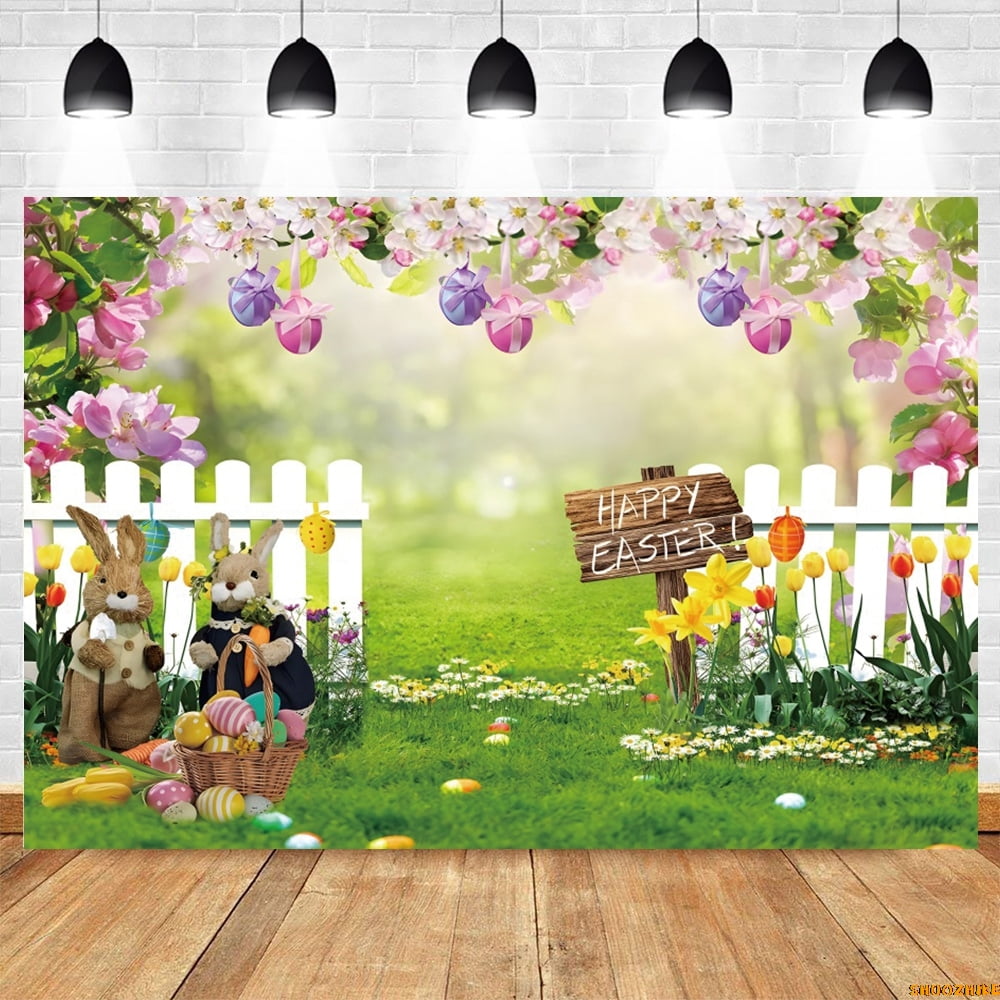 Spring Easter Backdrop Rabbits Eggs Grass Flowers Gard Fce Newborn Baby ...