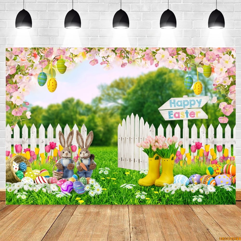 Spring Easter Backdrop Rabbits Eggs Grass Flowers Gard Fce Newborn Baby ...