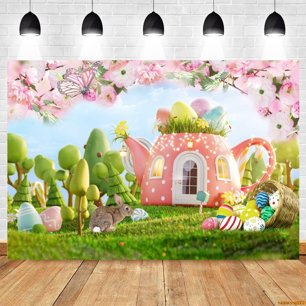Spring Easter Backdrop Rabbits Eggs Grass Flowers Gard Fce Newborn Baby ...