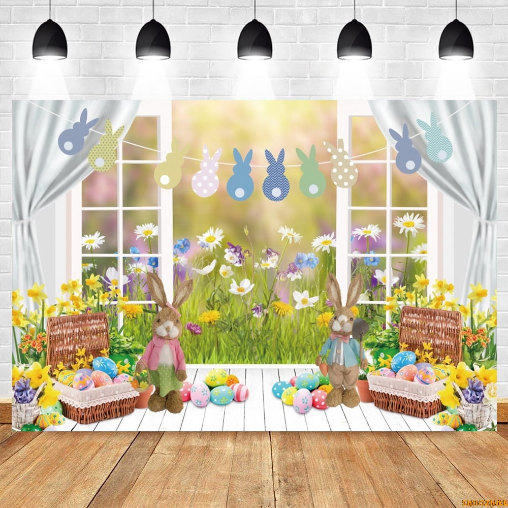 Spring Easter Backdrop Rabbits Eggs Grass Flowers Gard Fce Newborn Baby ...