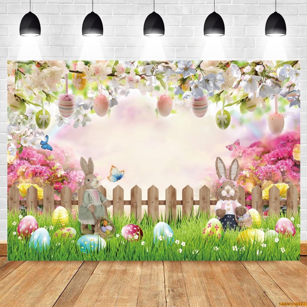 Spring Easter Backdrop Rabbits Eggs Grass Flowers Gard Fce Newborn Baby ...