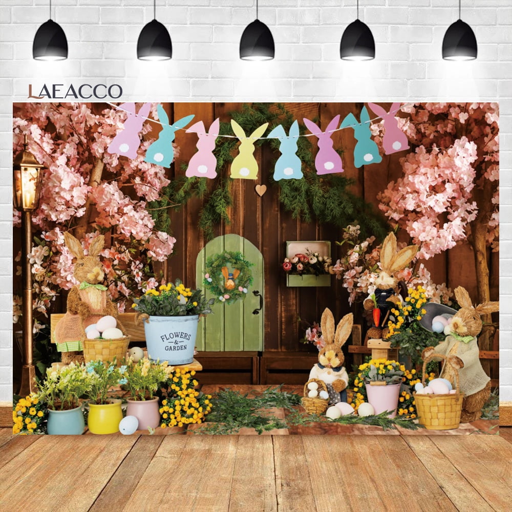 Spring Easter Backdrop Wood Door Green Grass Flowers Rabbit Baby Shower ...