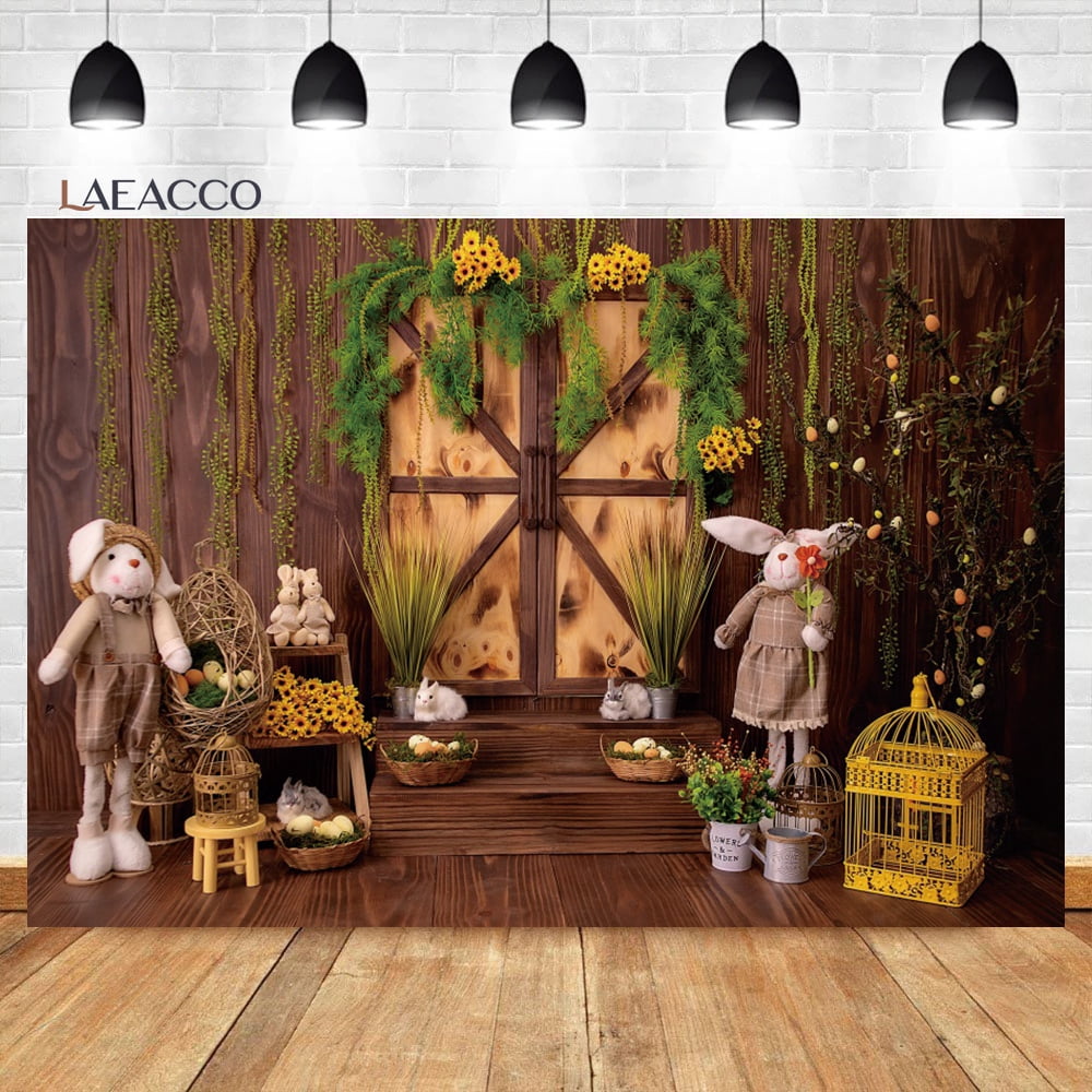 Spring Easter Backdrop Wood Door Green Grass Flowers Rabbit Baby Shower ...