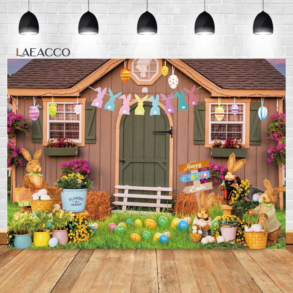 Spring Easter Backdrop Wood Door Green Grass Flowers Rabbit Baby Shower ...