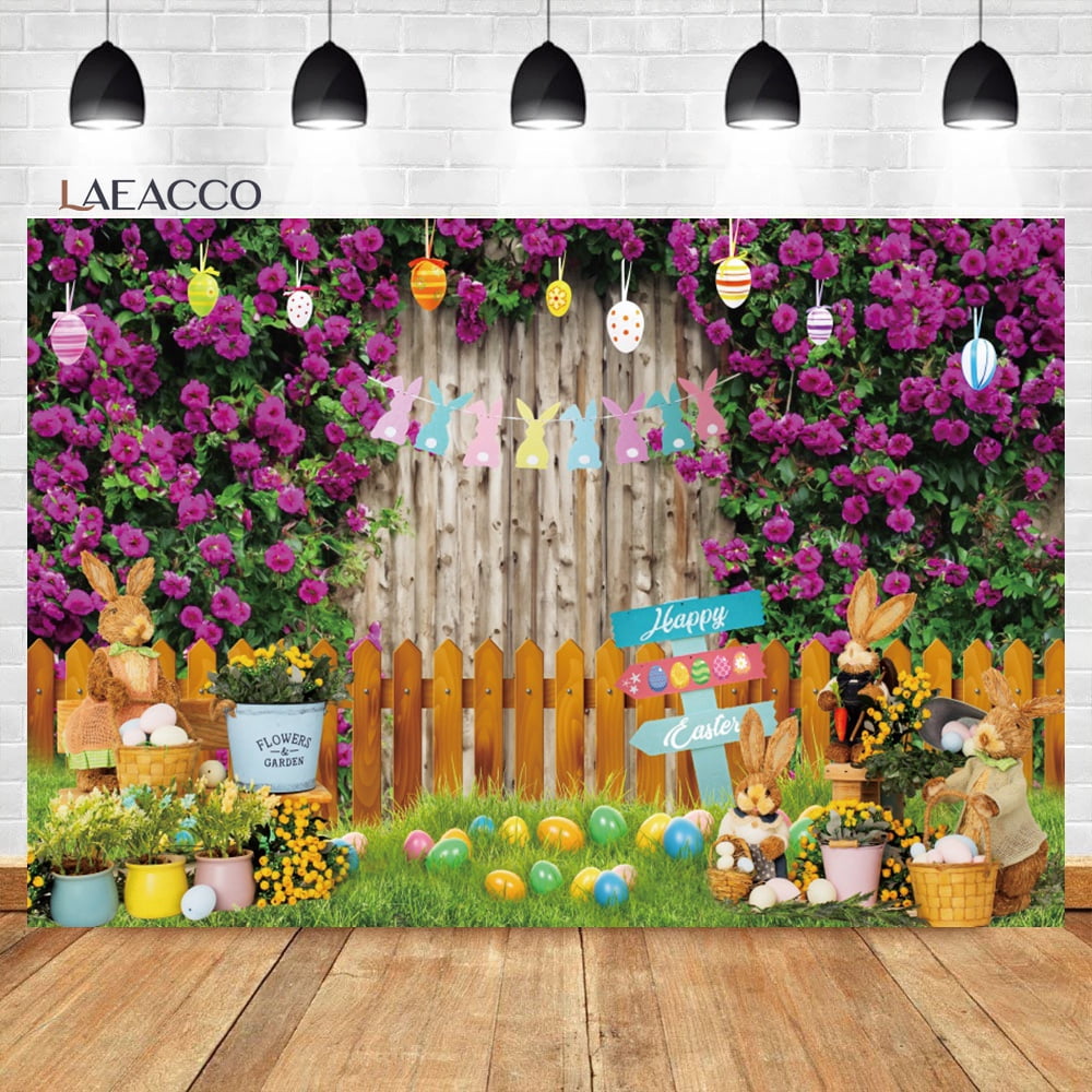Spring Easter Backdrop Wood Door Green Grass Flowers Rabbit Baby Shower ...