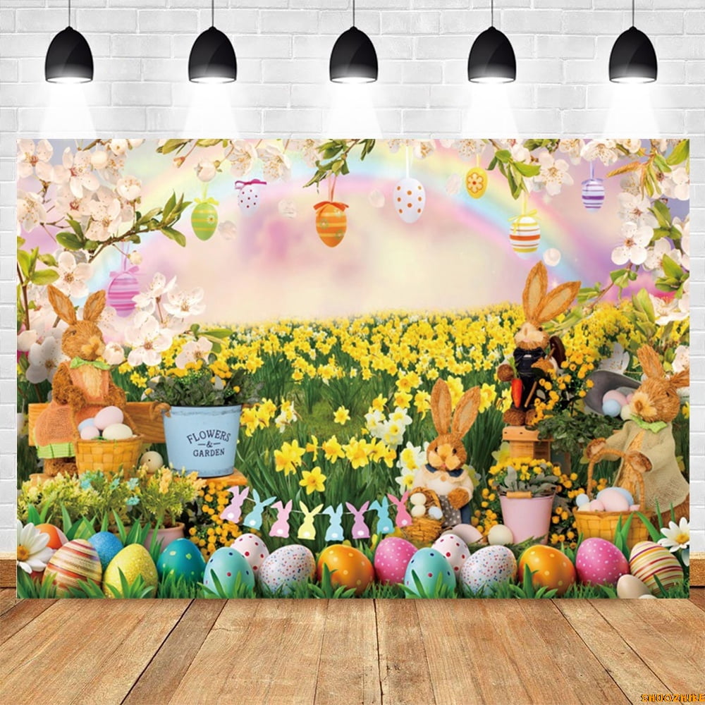 Spring Easter Backdrop for Photography Gard Flower Rabbit Grass Eggs ...