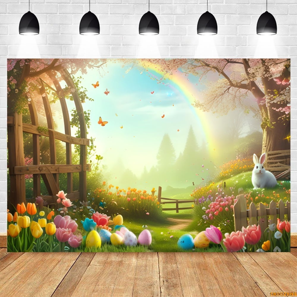 Spring Easter Backdrop for Photography Gard Flower Rabbit Grass Eggs ...