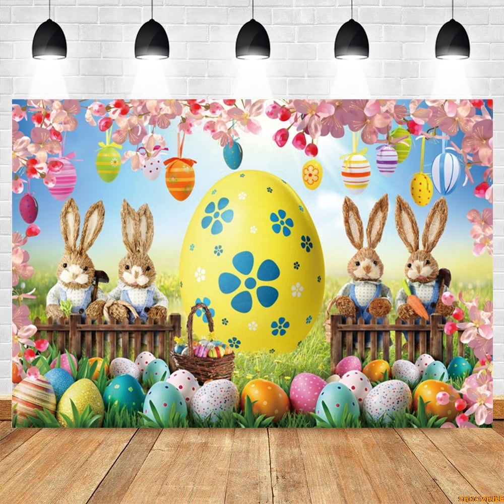 Spring Easter Backdrop for Photography Gard Flower Rabbit Grass Eggs ...