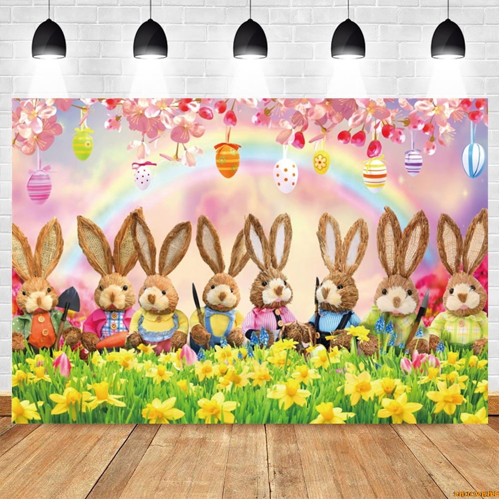 Spring Easter Backdrop for Photography Gard Flower Rabbit Grass Eggs ...