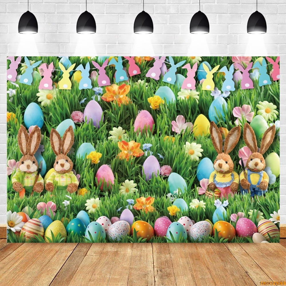 Spring Easter Backdrop for Photography Gard Flower Rabbit Grass Eggs ...