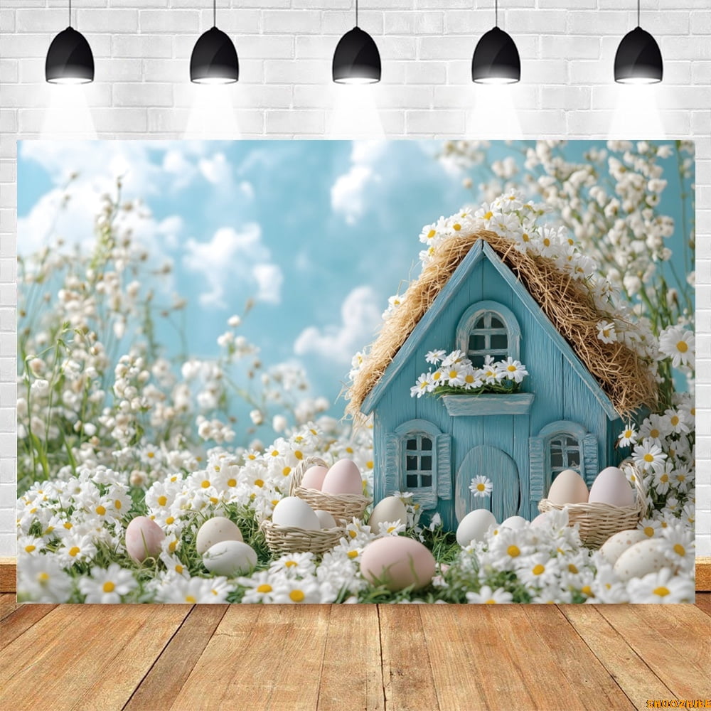 Spring Easter Backdrop for Photography02 Flowers Blue Cottage Eggs Kids ...