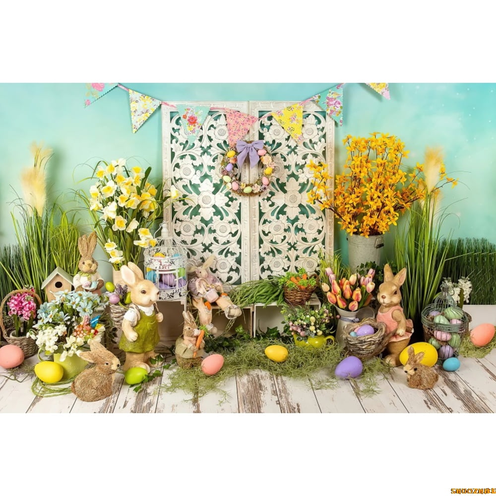 Spring Easter Backdrop for Photography02 Rabbit Colorful Eggs Flower ...