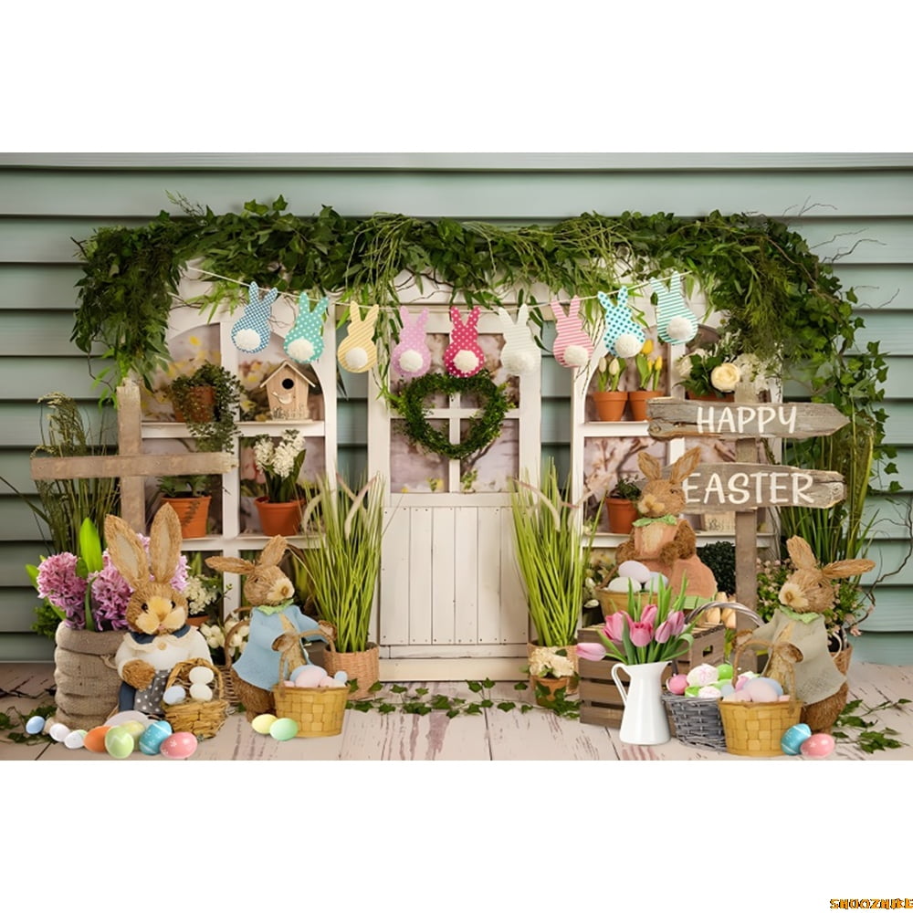 Spring Easter Backdrop for Photography02 Rabbit Colorful Eggs Flower ...