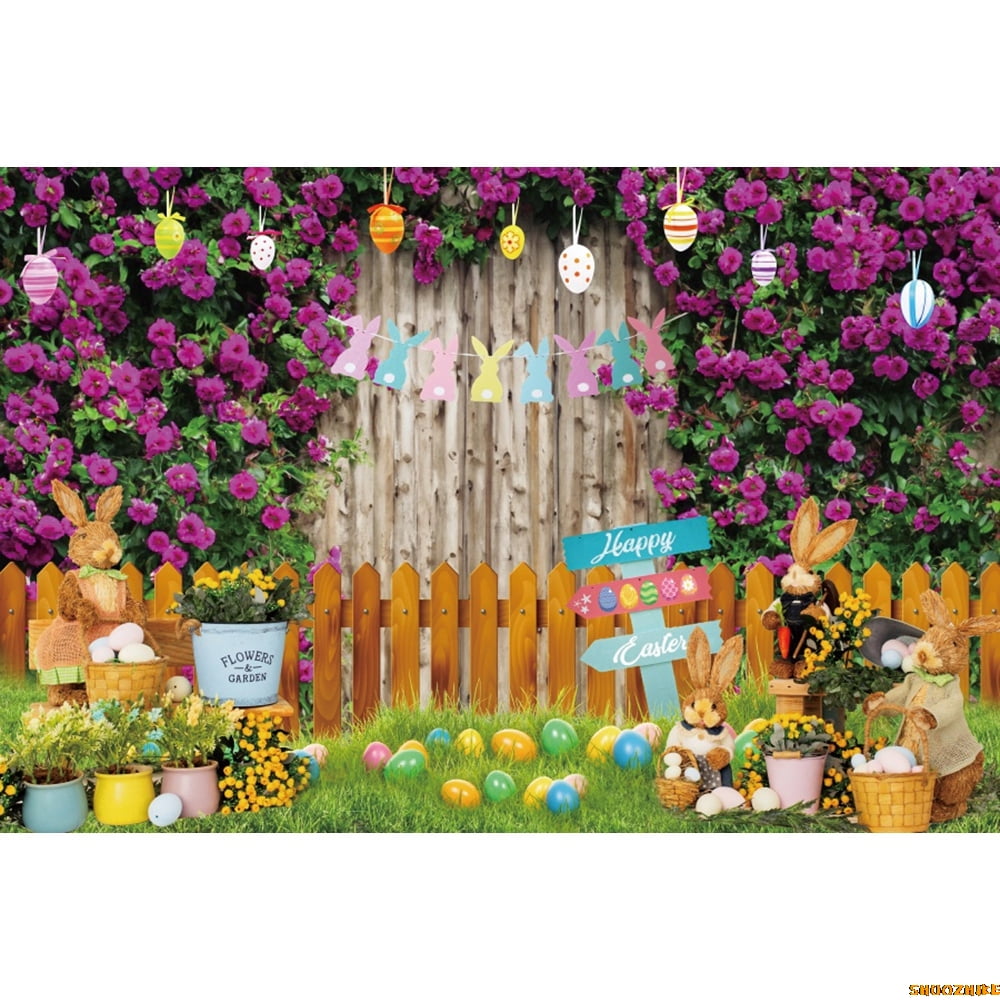 Spring Easter Backdrop for Photography02 Rabbit Colorful Eggs Flower ...