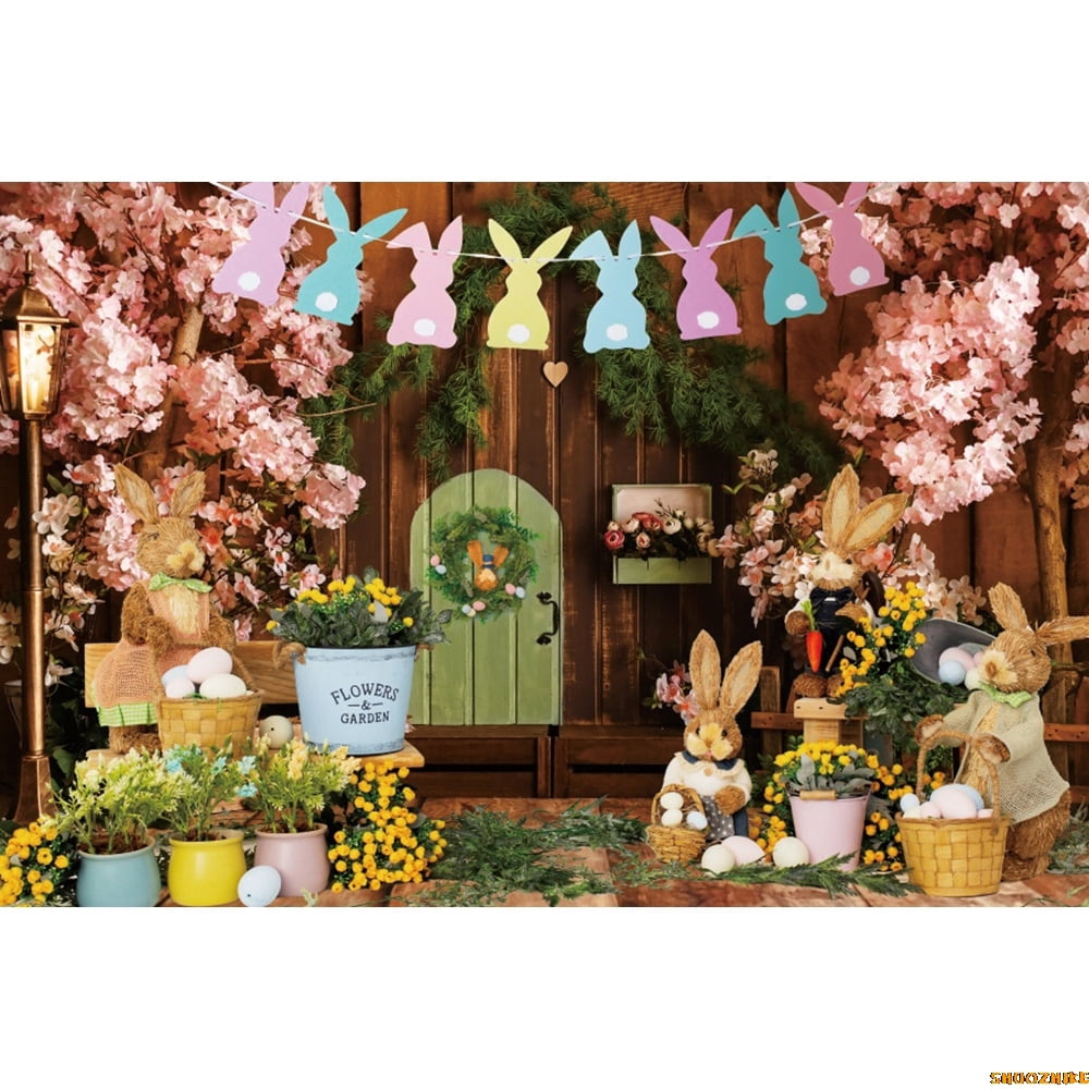Spring Easter Backdrop for Photography02 Rabbit Colorful Eggs Flower ...