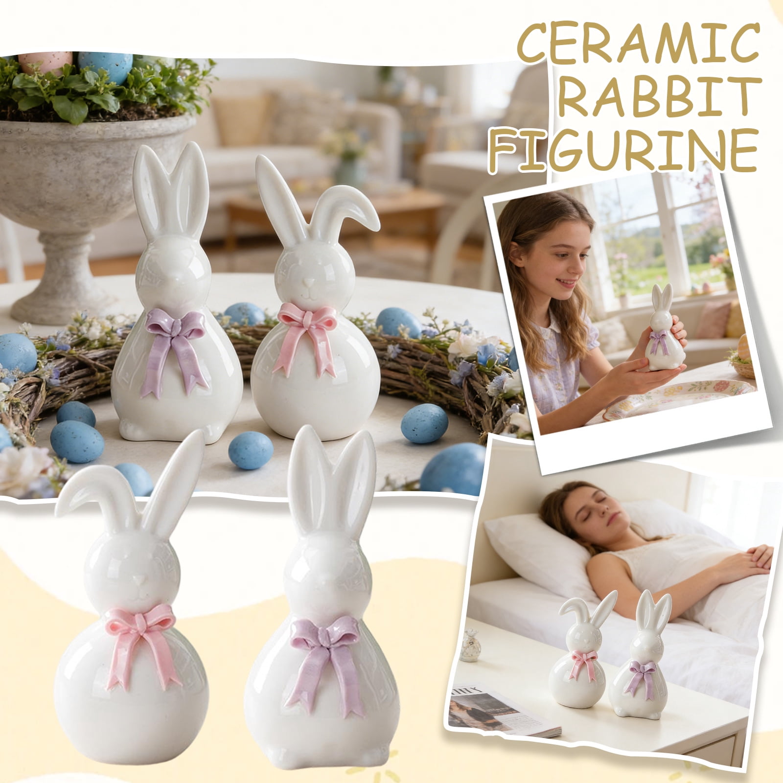 Spring Easter Bunny Figurines Decoration - White Ceramic Easter Bunny ...