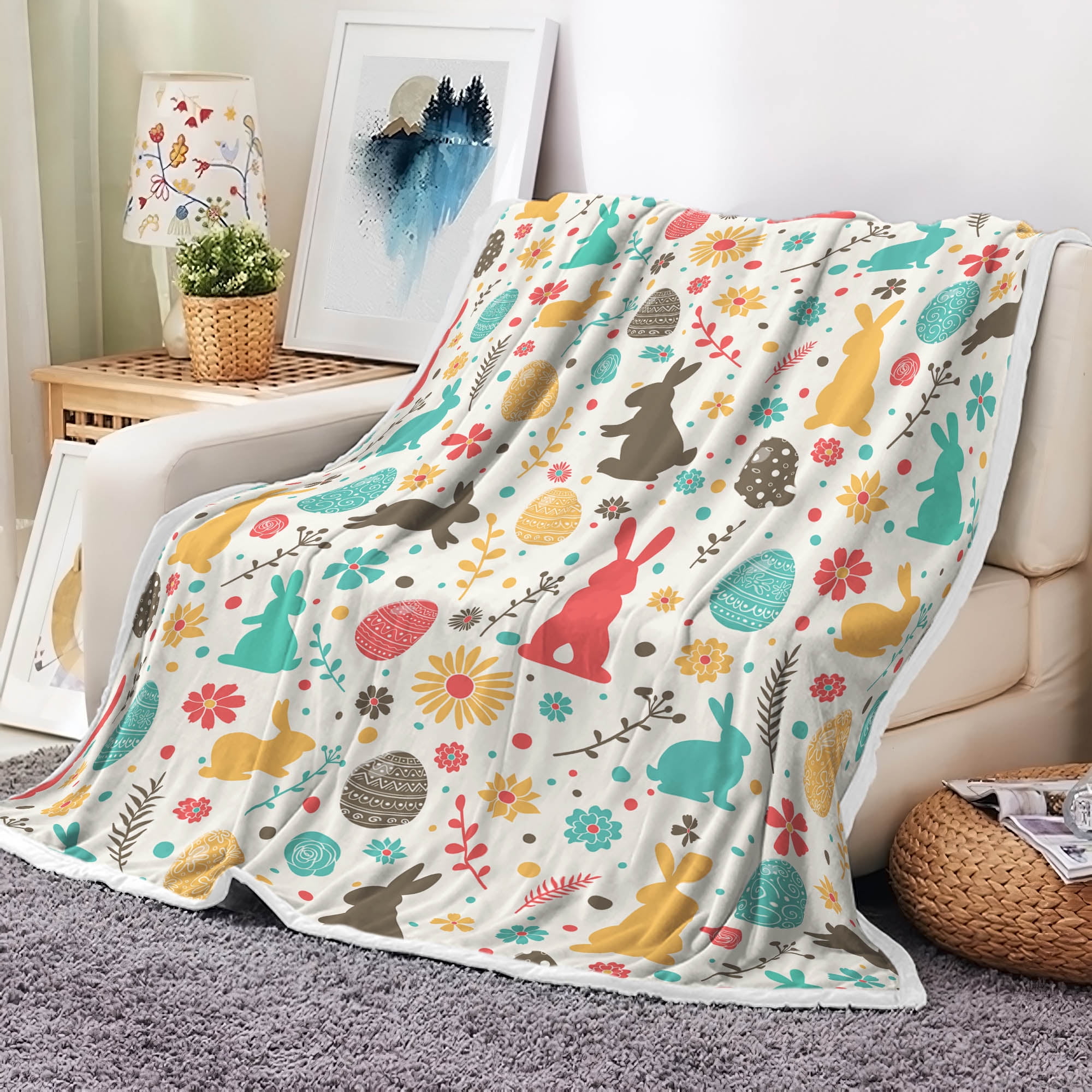 Spring Easter Bunny and Flower Eggs Throw Blanket, Colorful Easter ...
