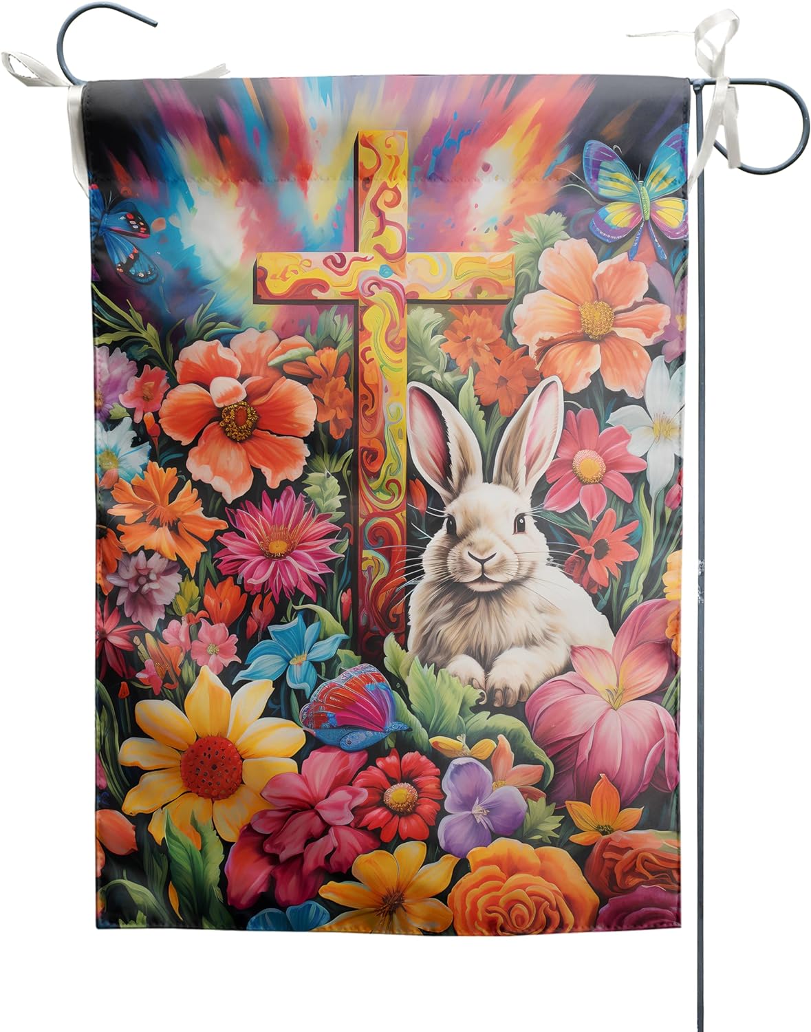 Spring Easter Bunny Garden Flag - Colorful Easter Flowers Butterfly ...