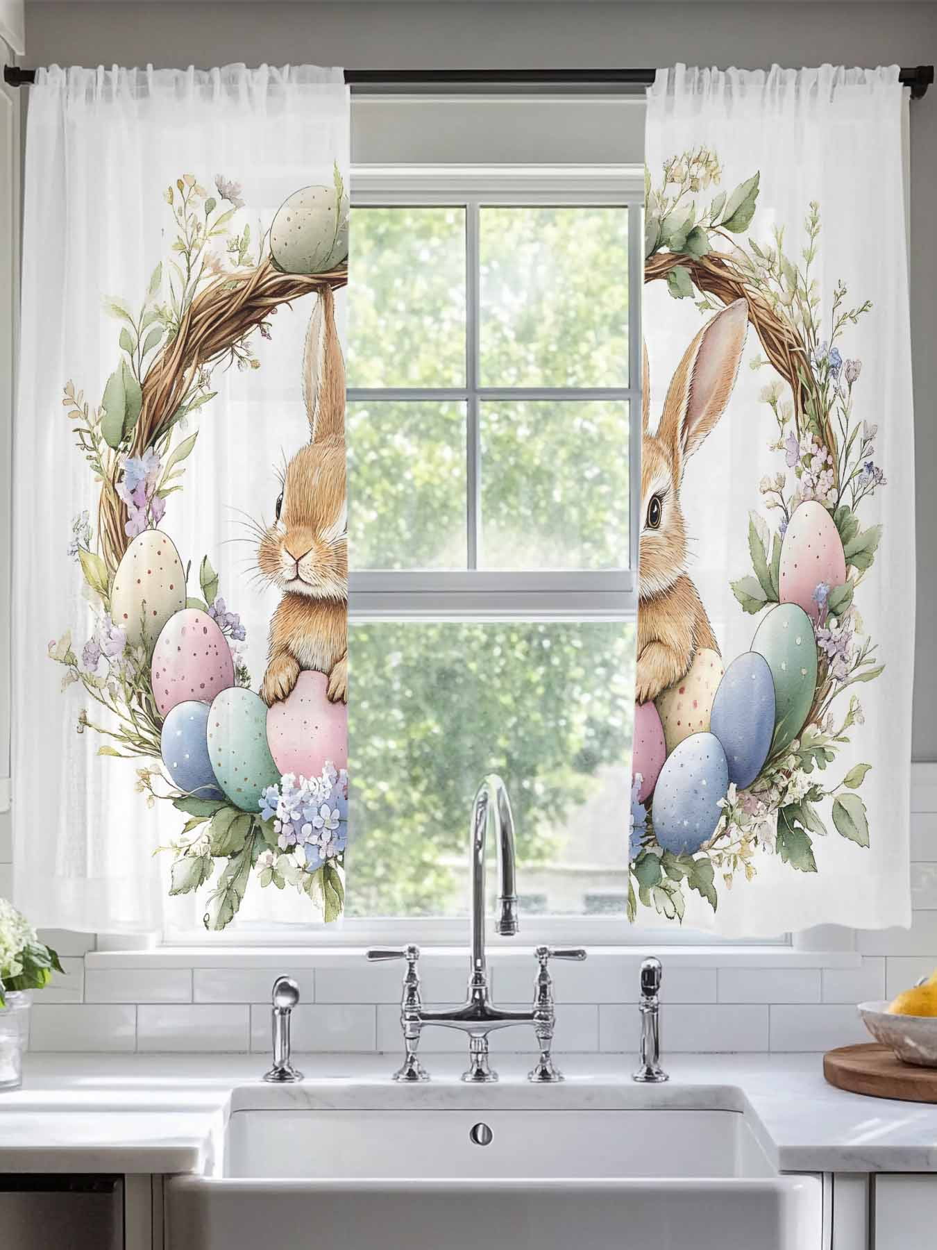 Spring Easter Bunny Sheer Curtains for Living Room Bedroom Blossom ...