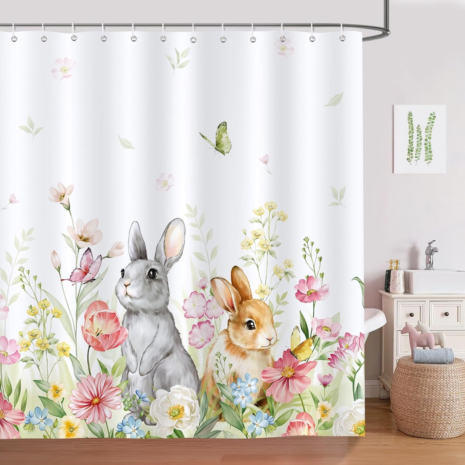 Spring Easter Bunny Shower Curtain Cute Rabbits Floral Plant Decorative ...
