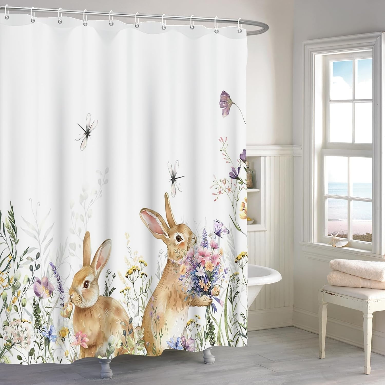 Spring Easter Bunny Shower Curtain, Cute Rabbits Floral Plants Bath ...