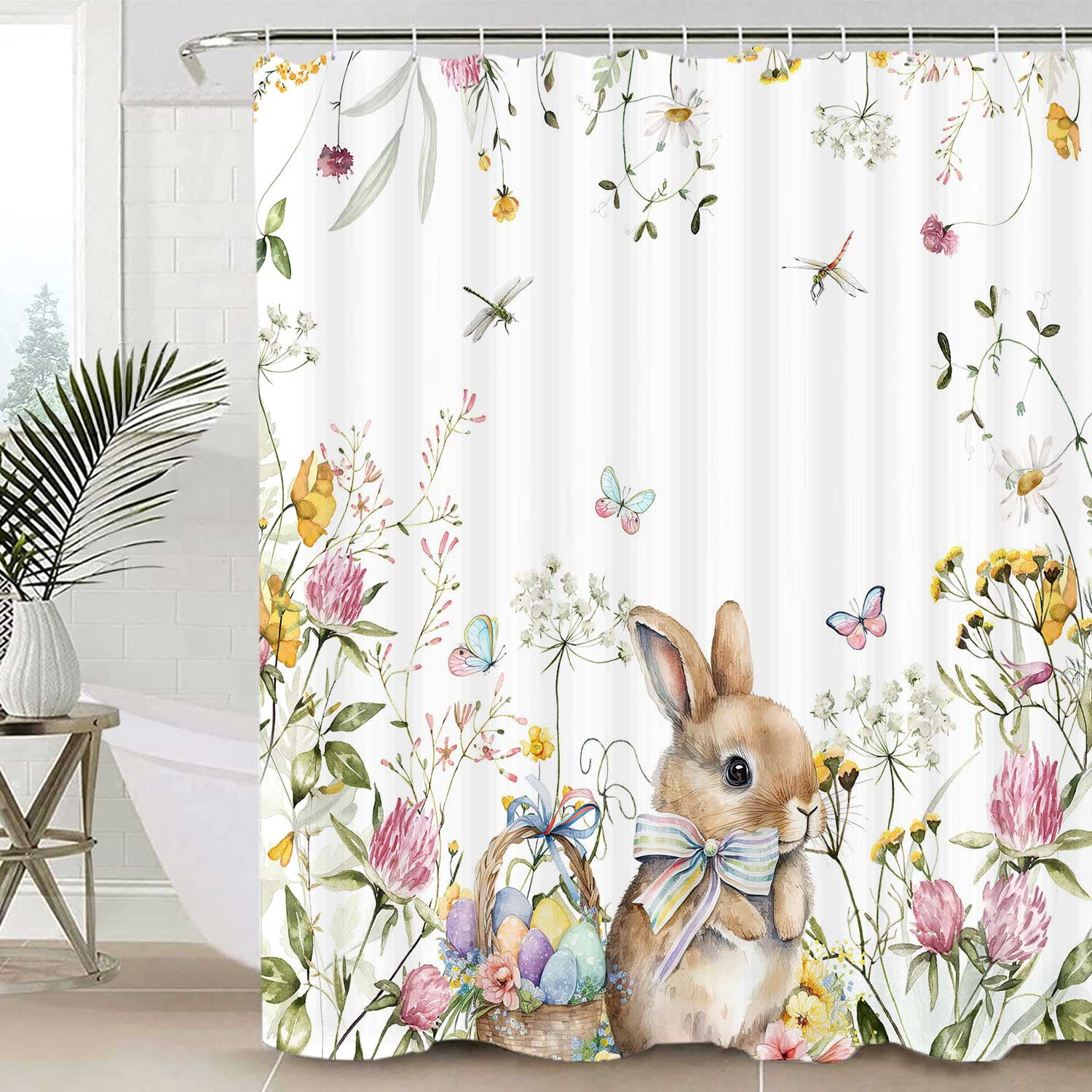 Spring Easter Bunny Shower Curtains, Cute Rabbits Floral Plant ...