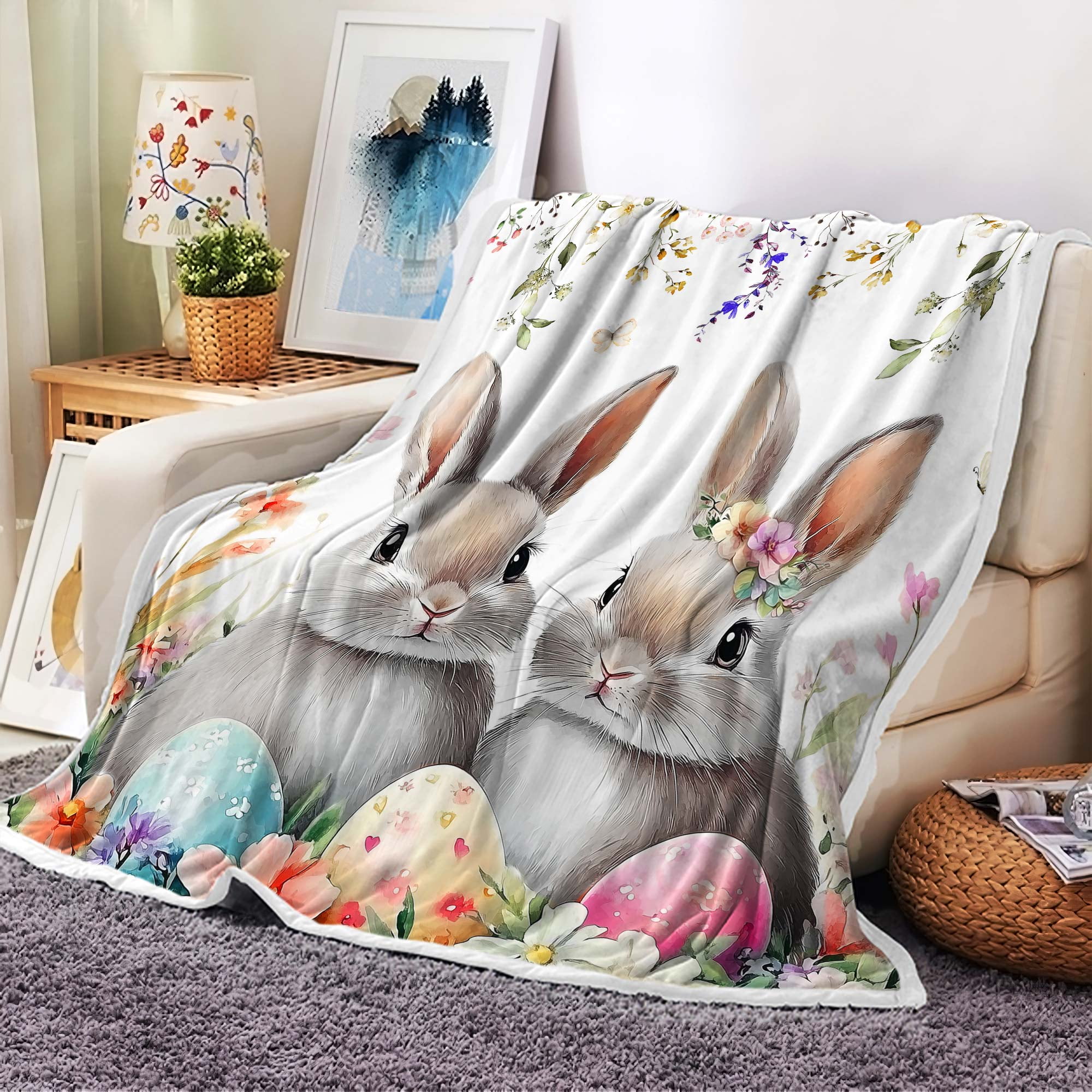 Spring Easter Bunny Throw Blankets, Cute Rabbits Eggs Floral Plant ...