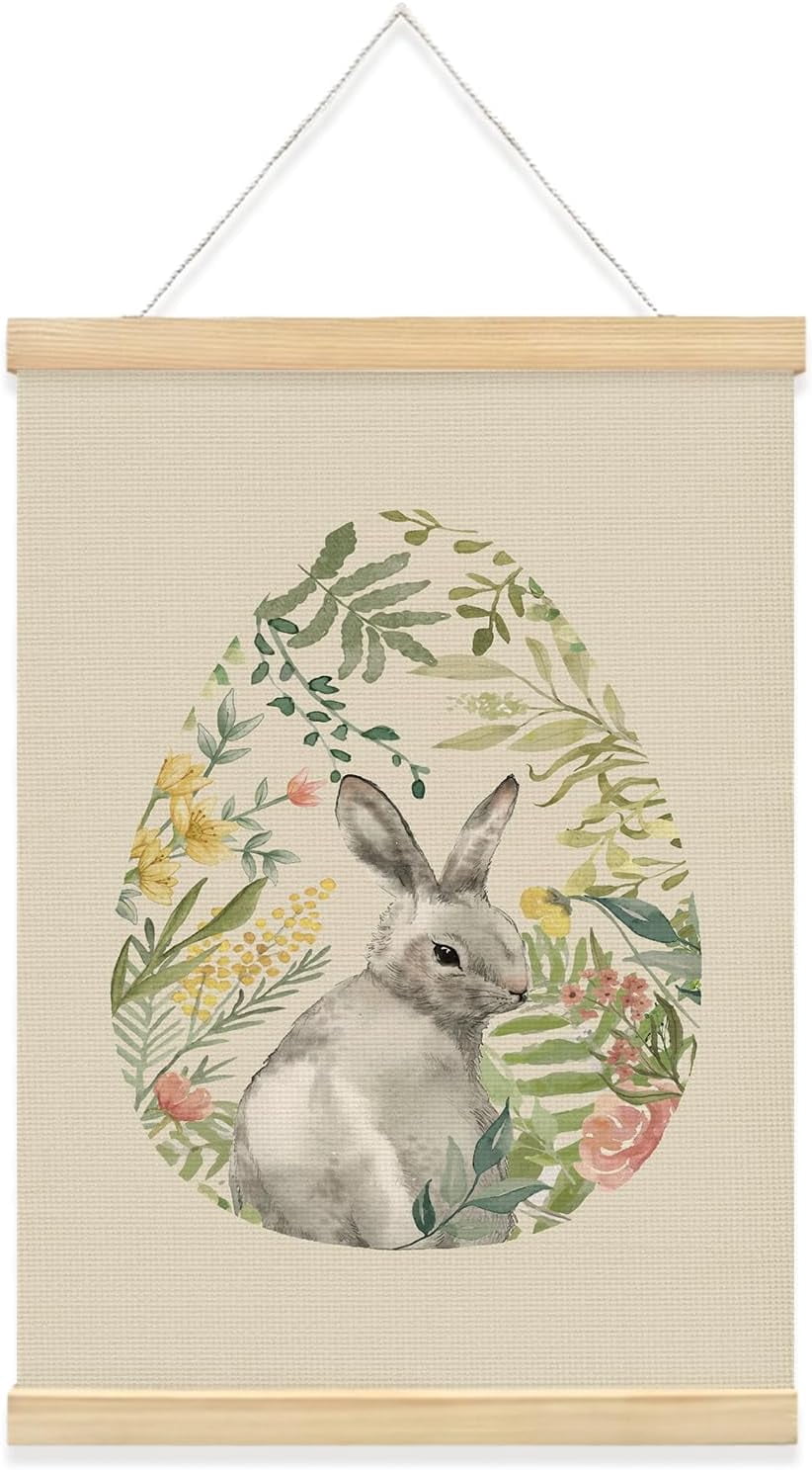 Spring Easter Bunny Wall Decor, Watercolor Rabbit Wall Art with Wooden ...