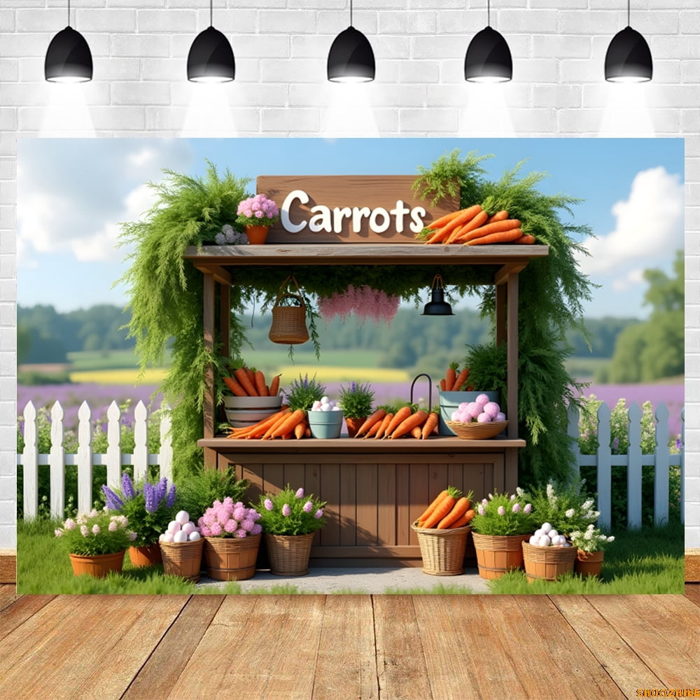 Spring Easter Carrot Stall Backdrop Carrots Colorful Eggs Grass Field ...