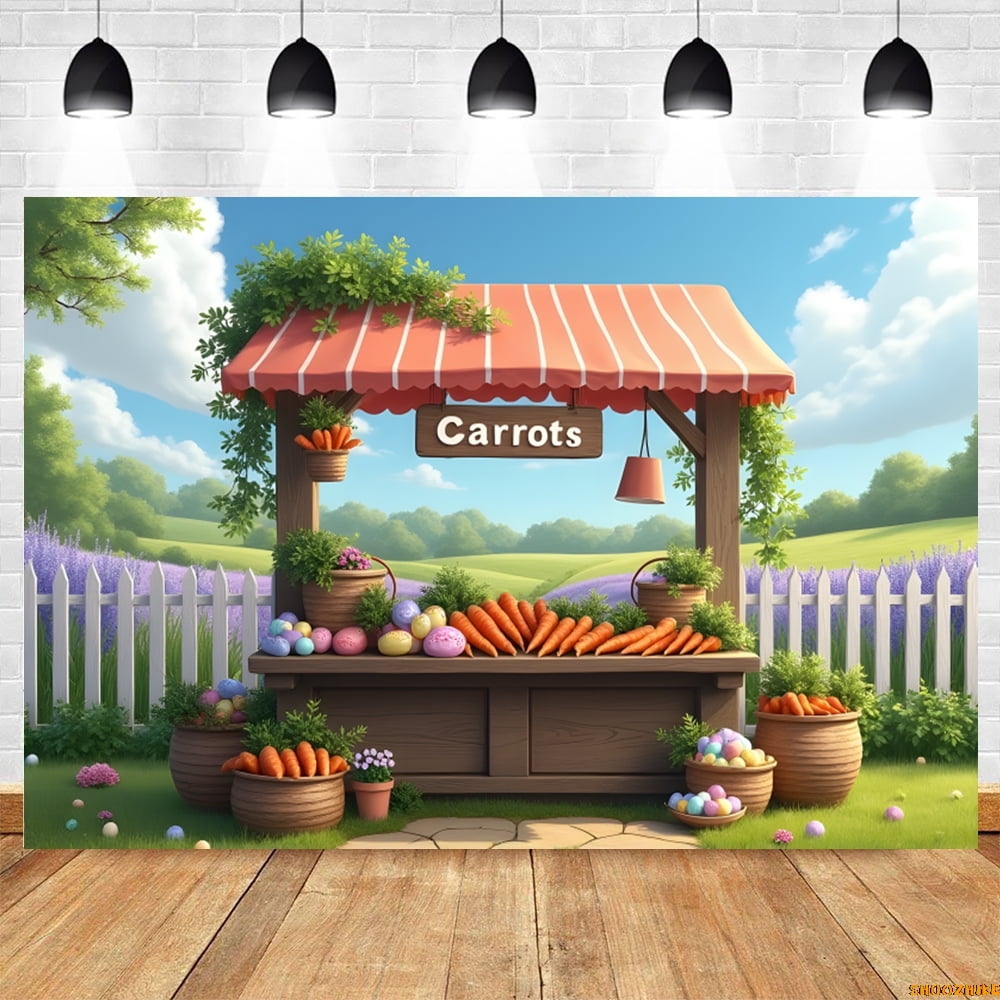 Spring Easter Carrot Stall Backdrop Carrots Colorful Eggs Grass Field ...