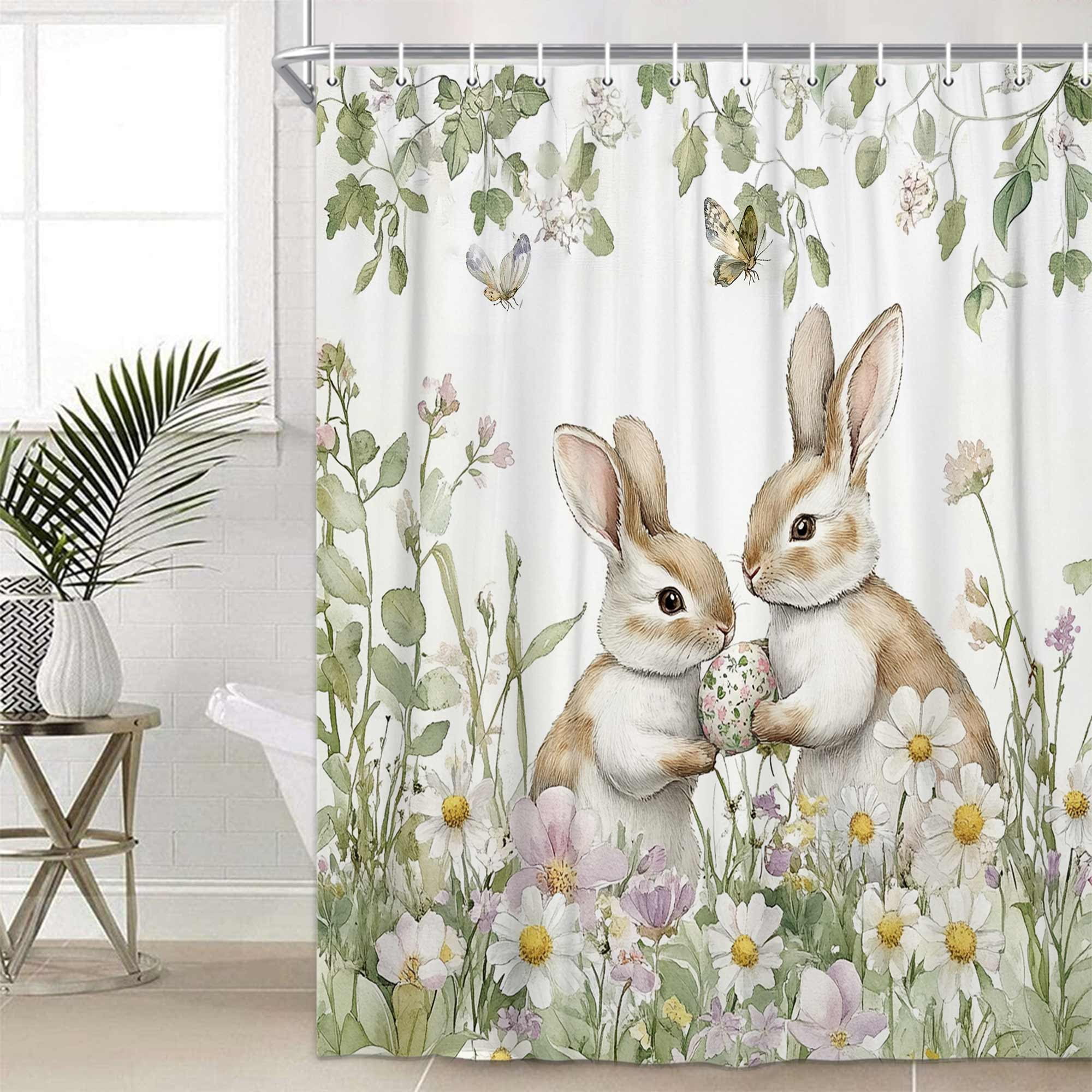 Spring Easter Cute Bunny Shower Curtain, Funny Watercolor Foliage ...