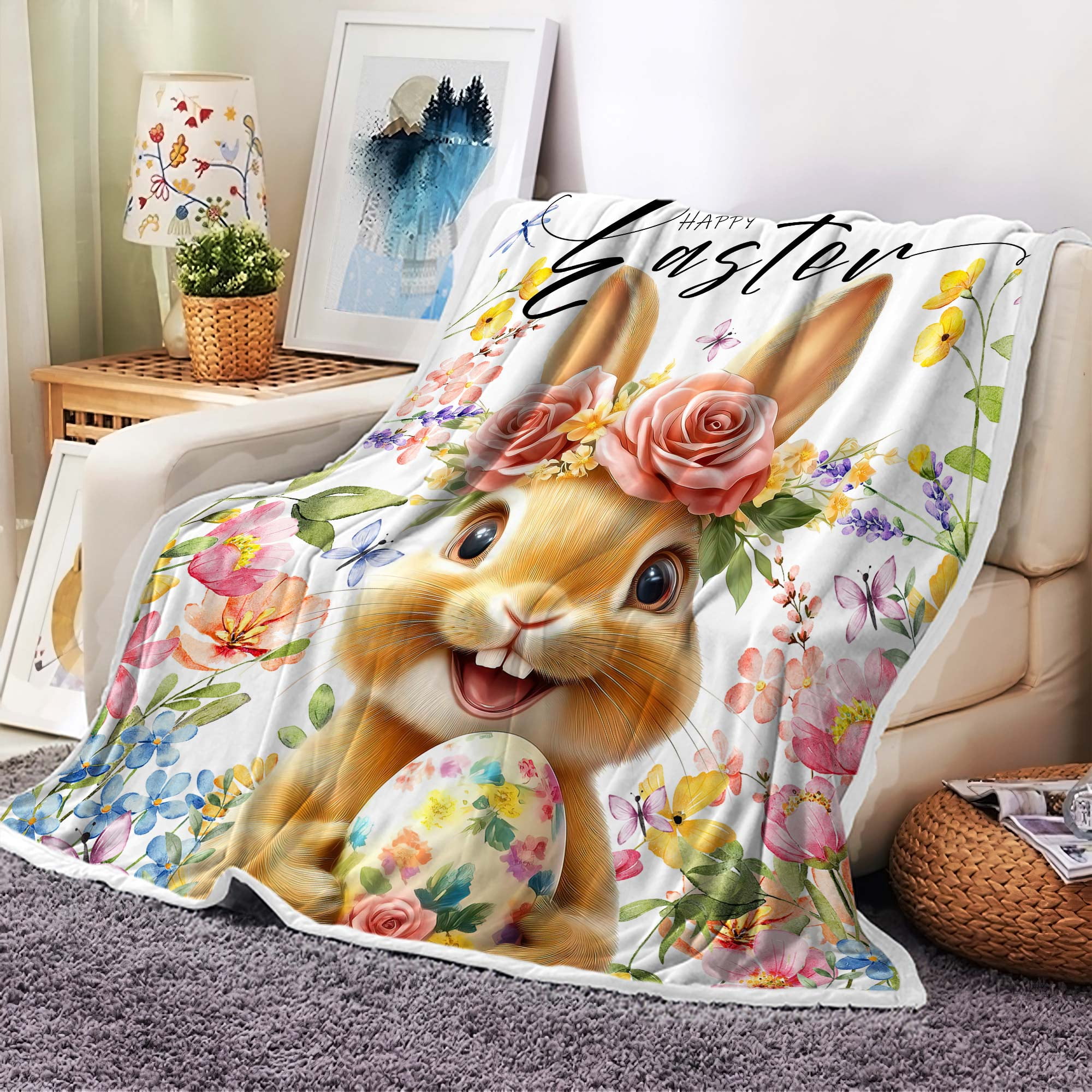 Spring Easter Cute Rabbit Throw Blanket for Kids, Happy Easter with ...