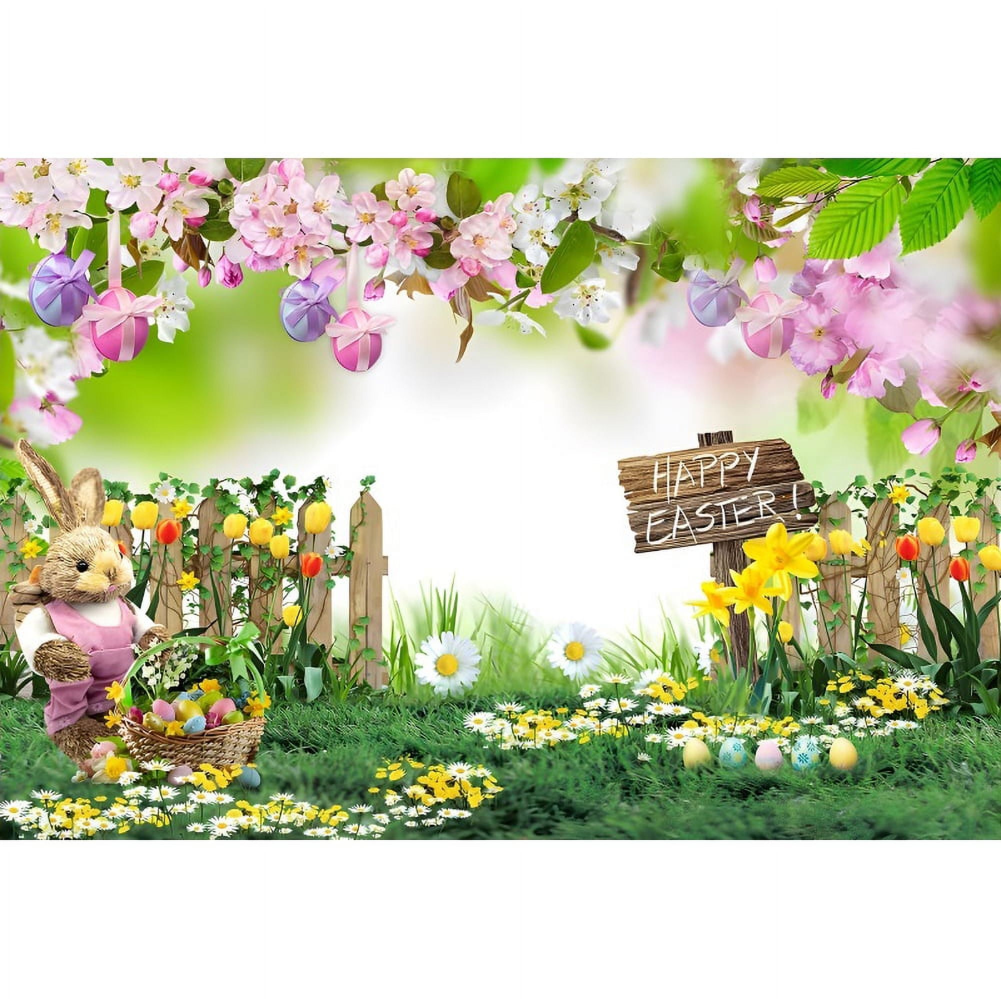 Spring Easter Day Background For Photography Bunny Easter Eggs Flower ...