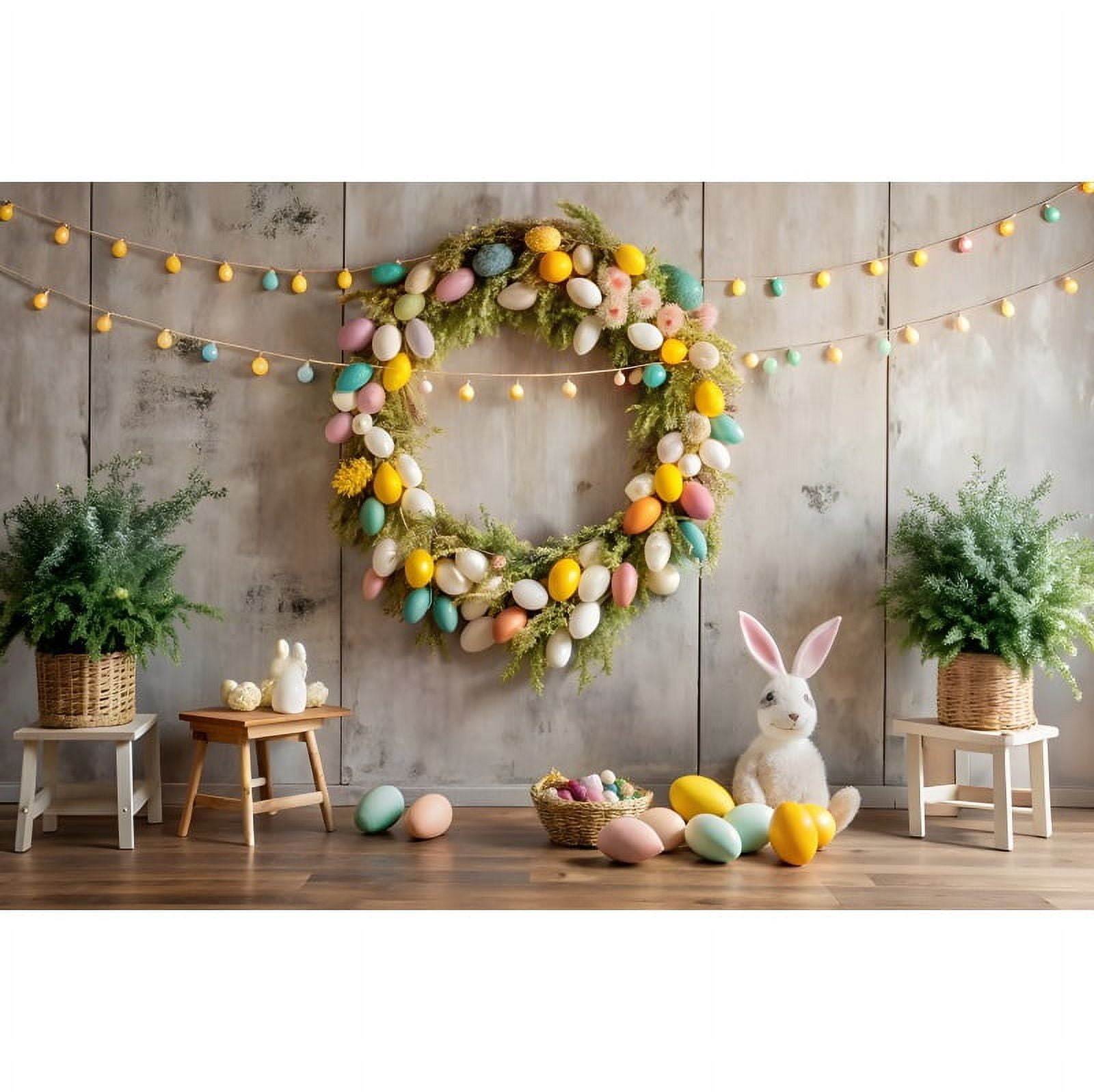 Spring Easter Day Background For Photography Bunny Easter Eggs Flower ...
