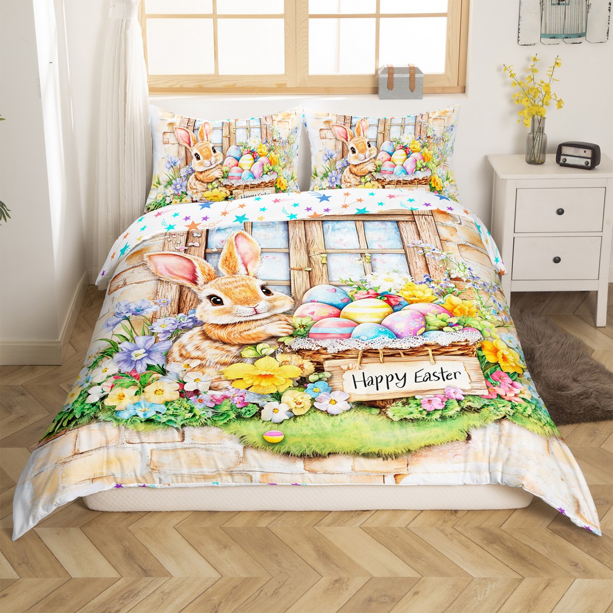 Spring Easter Duvet Cover Set Queen Size,Kawaii Rabbit Animal Easter ...