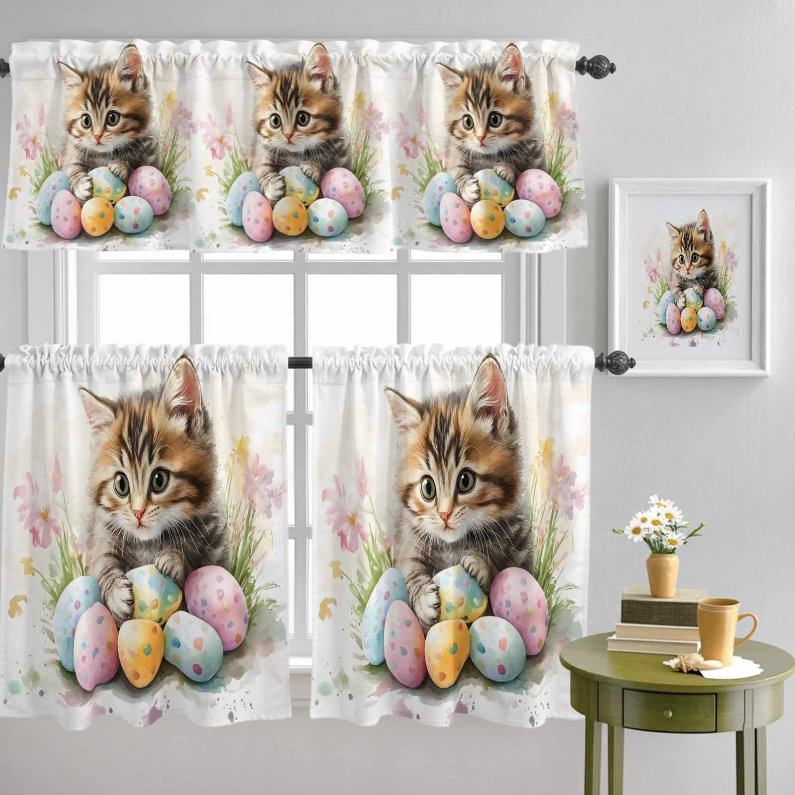 Spring Easter Eggs Cute Cat Curtain Tier and Valance Set 3 Piece ...